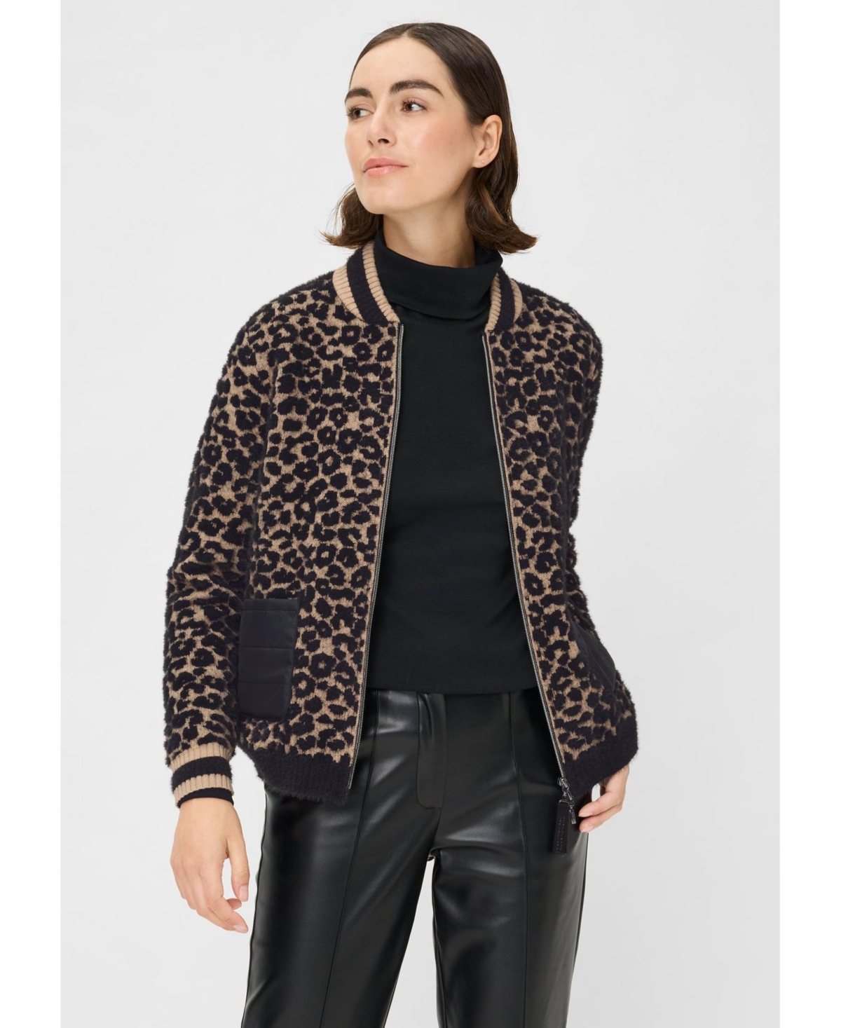 Click here for Olsen Womens Mixed Media Leopard Zip Front Cardiga... prices