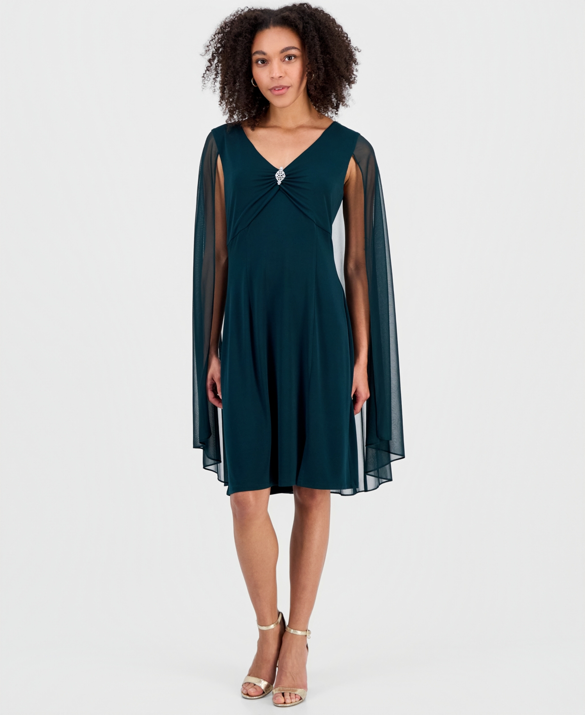 Click here for Connected Womens Rhinestone-Trim Cape-Overlay Dres... prices