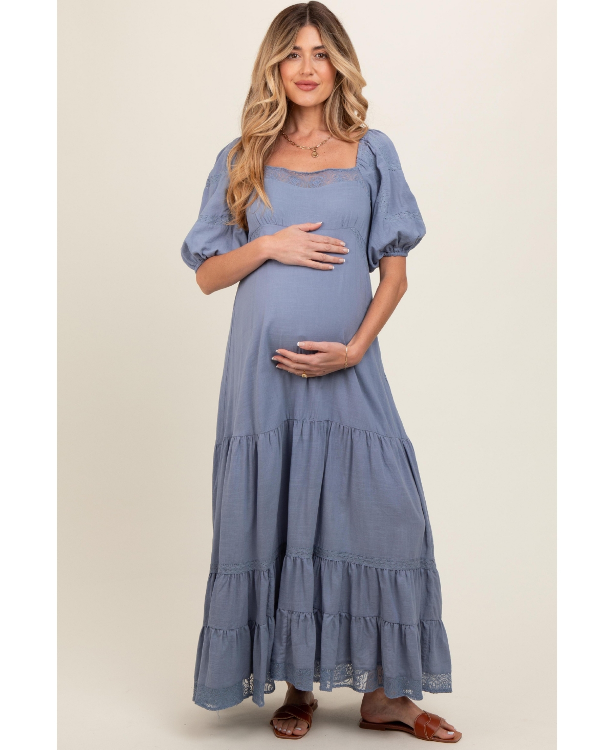 Click here for Pinkblush Maternity Blue Lace Insert Maxi Dress -... prices