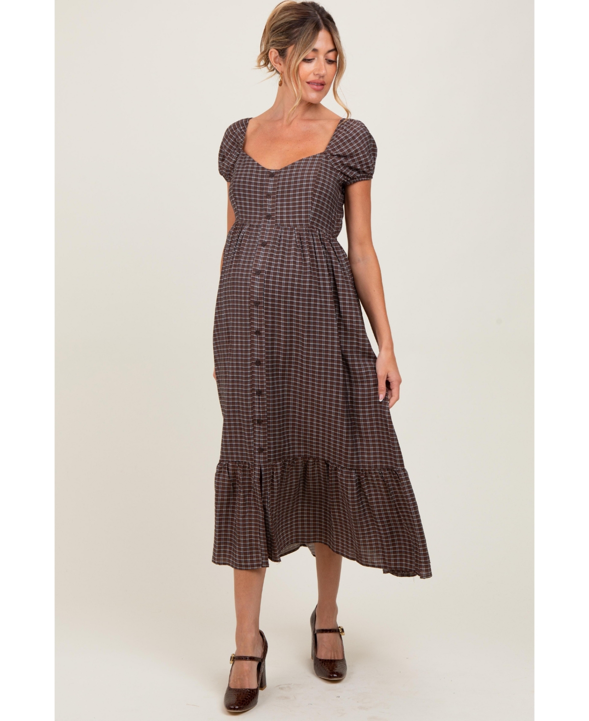 Click here for Pinkblush Maternity Brown Plaid Puff Sleeve Button... prices
