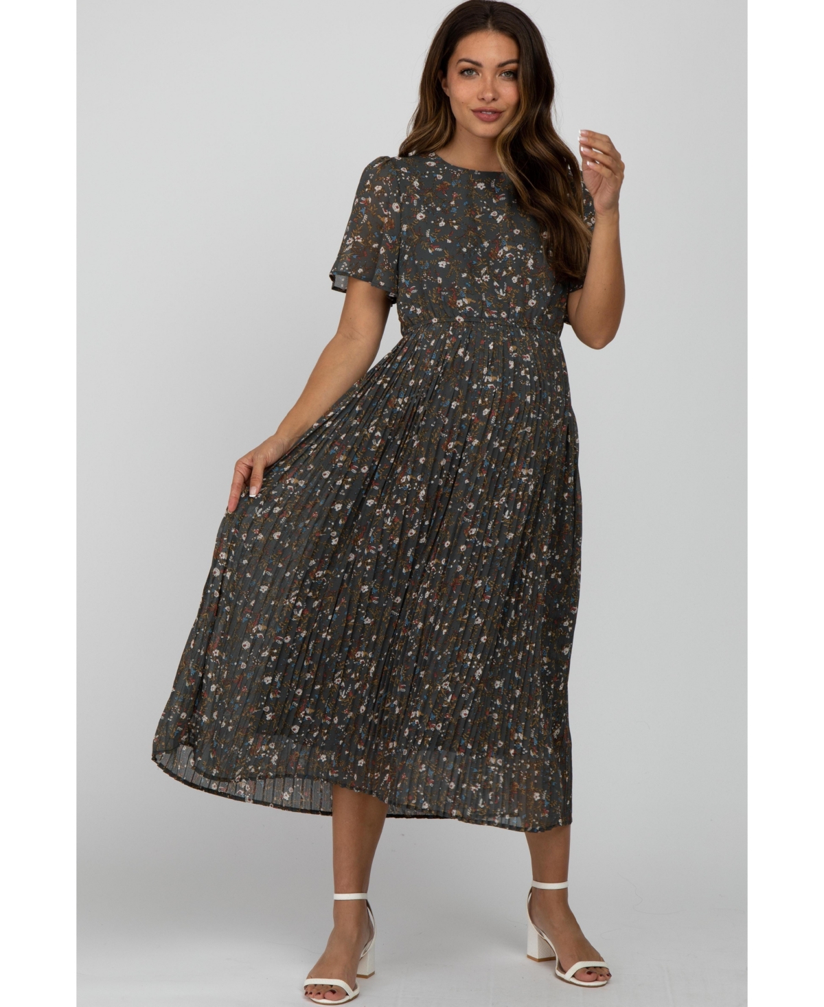 Click here for Pinkblush Maternity Teal Floral Pleated Chiffon Mi... prices
