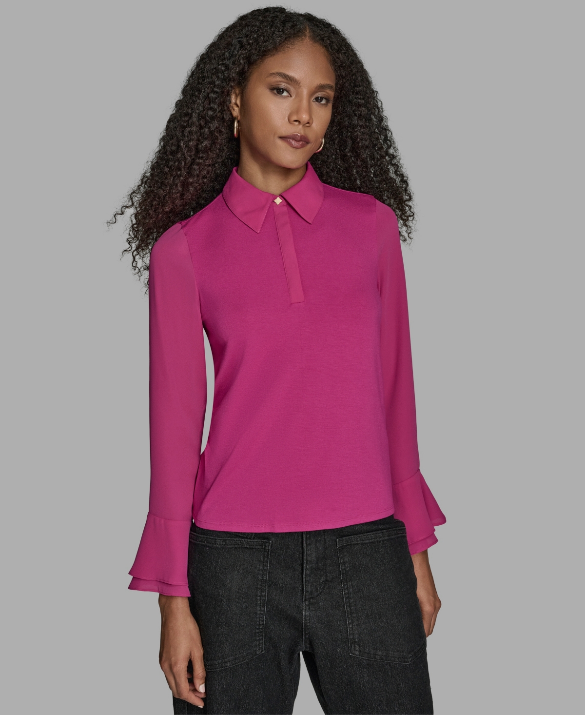 Click here for Bcbg Womens Long Sleeve Ruffle-Cuff Collared Top -... prices