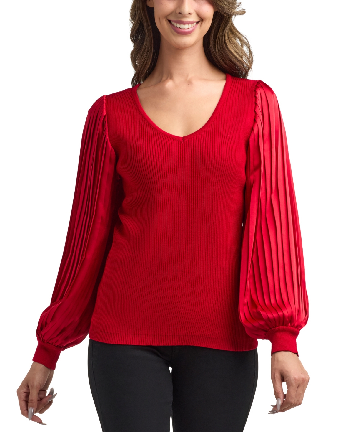 Click here for Bcx Womens V-Neck Pleated Sleeve Pull-On Sweater -... prices
