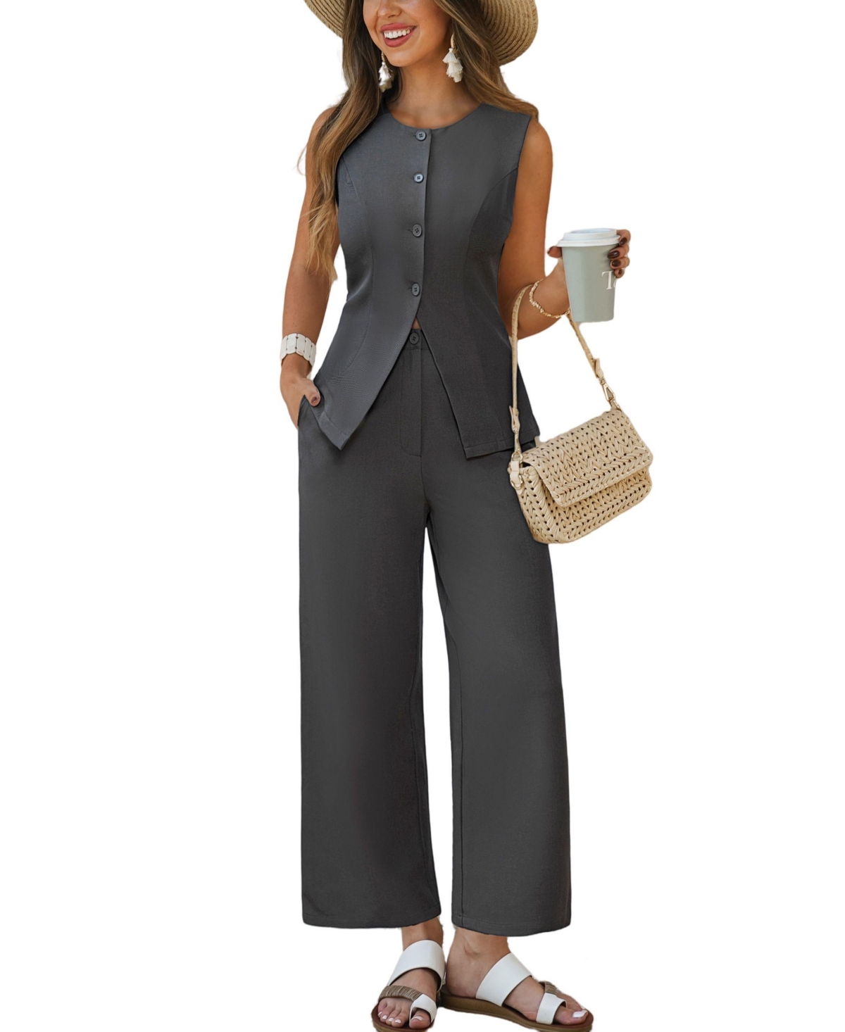 Cupshe Womens Sleeveless Button Front Wide Leg Pants Matching Set - Grey