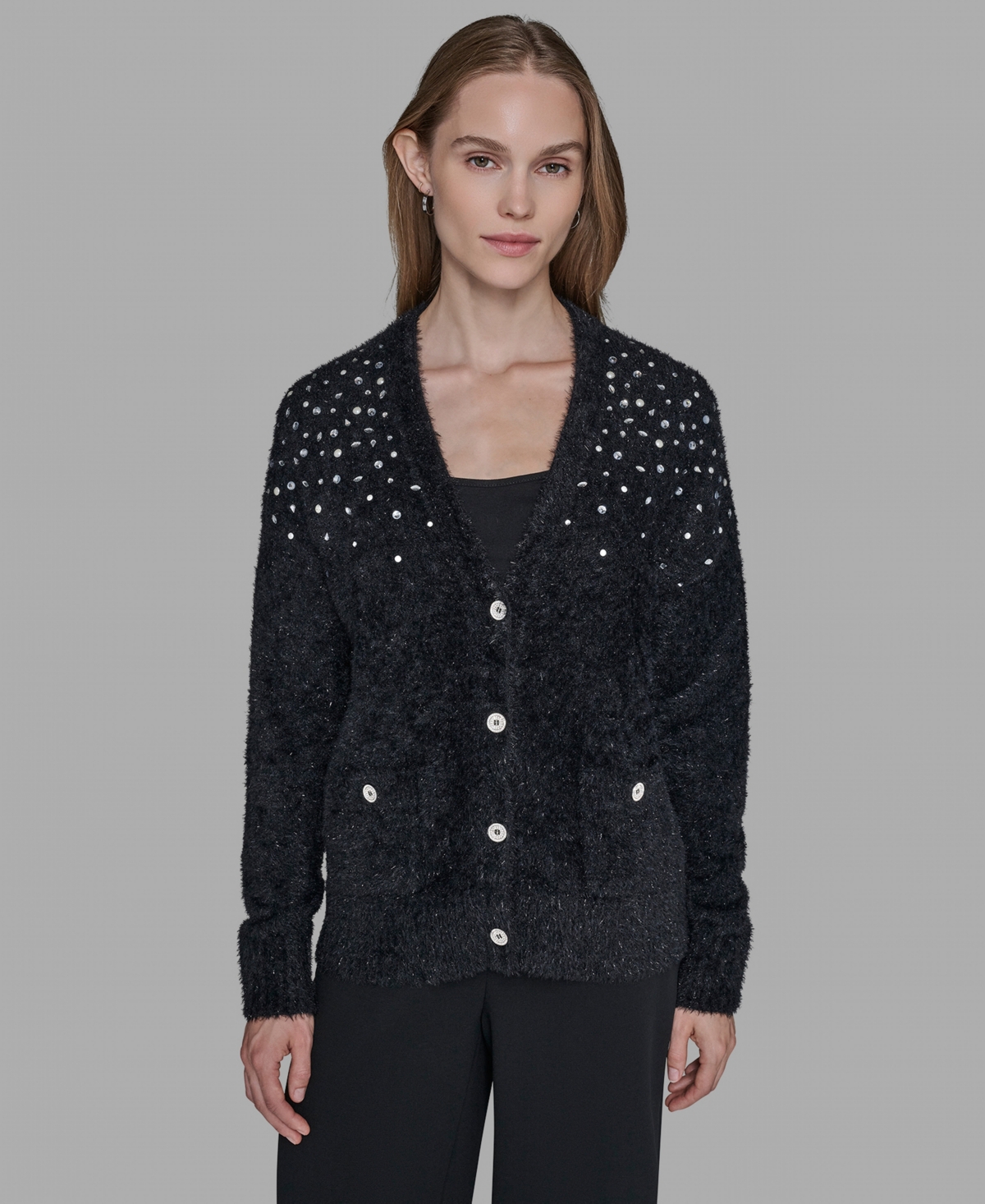 Click here for Karl Lagerfeld Paris Womens V-Neck Cardigan - Blac... prices