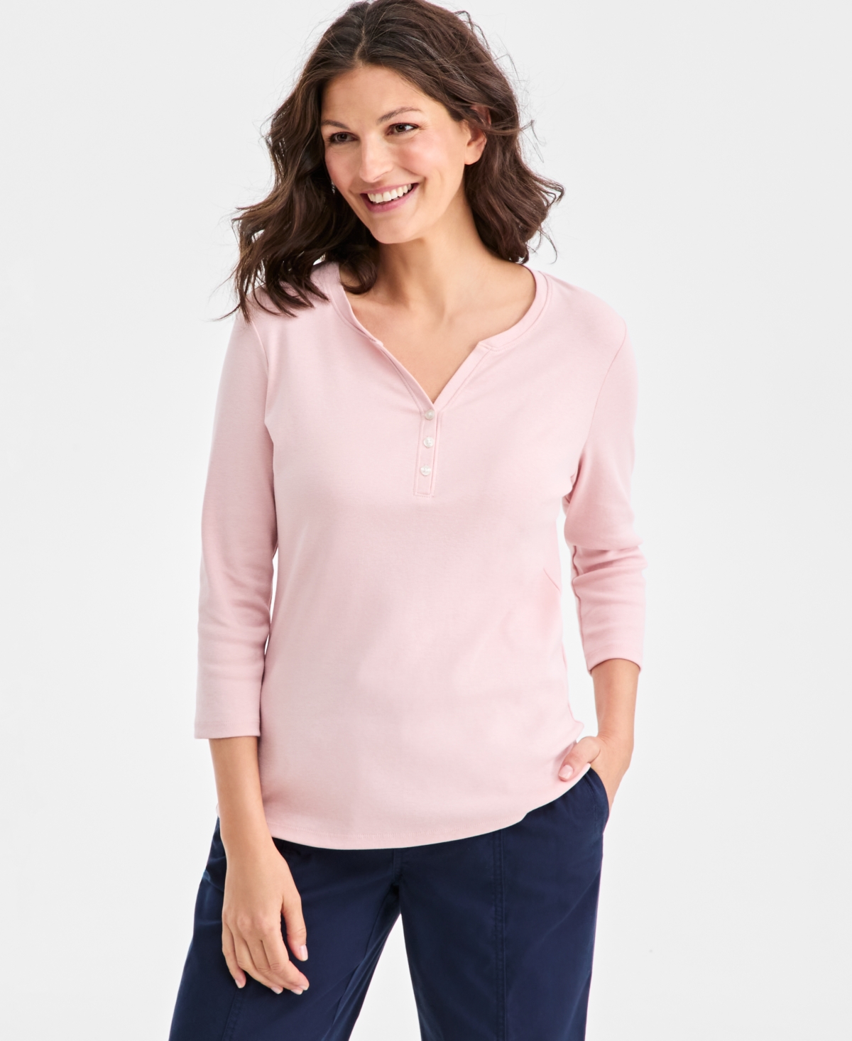 Click here for Style & Co Womens Cotton 3/4-Sleeve Henley Tee  Cr... prices