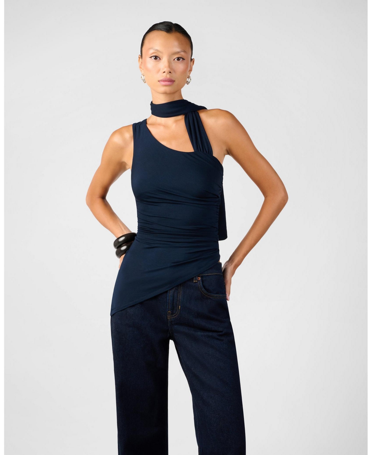 Click here for WeWoreWhat Womens One Shoulder Draped Top - Navy prices
