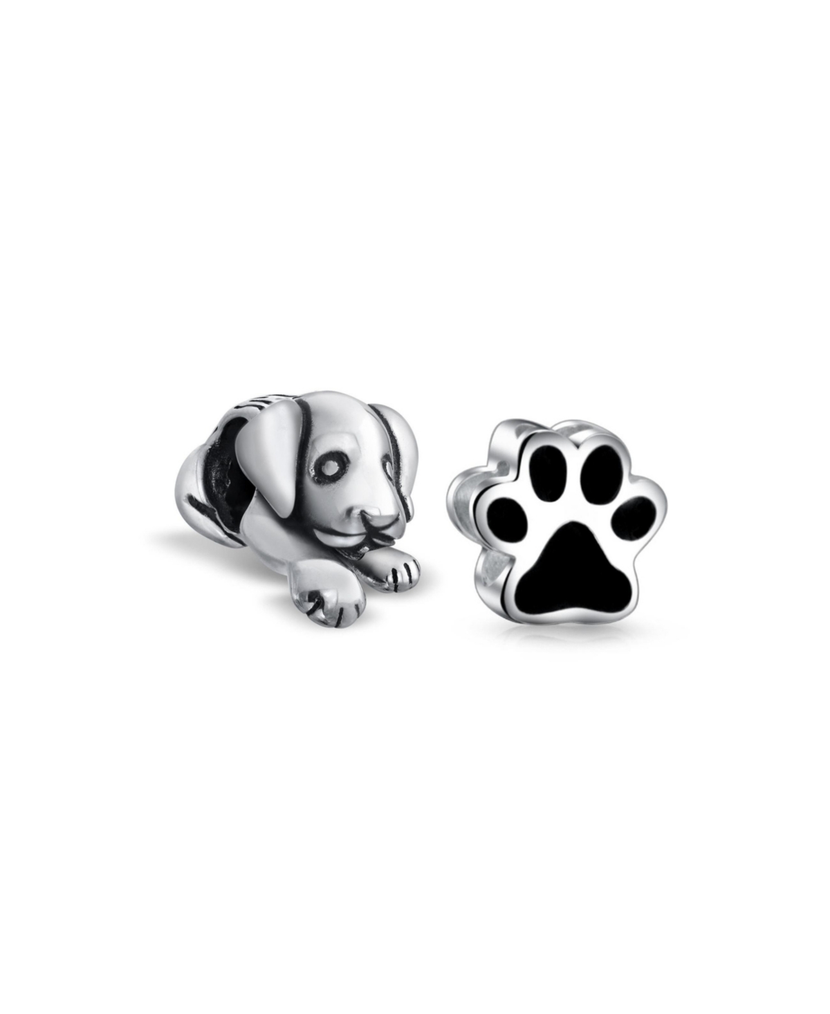 Bling Jewelry Set of 2 Sleepy Puppy Dog & Black Shape Paw Print Pet Animal Lover Charm Bead - Silver set