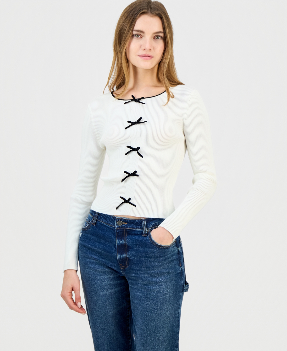 Click here for Madden Girl Juniors Crewneck Bow-Trim Long-Sleeve... prices