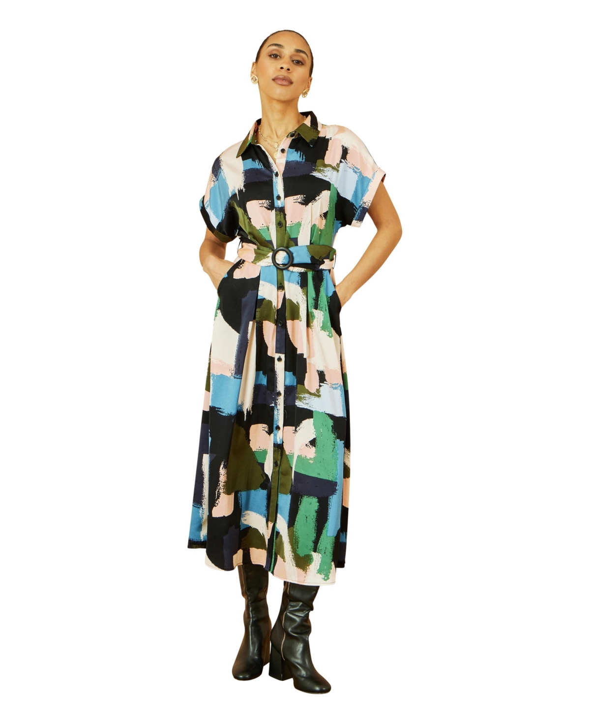 Click here for Yumi Womens Brushstroke Print Relaxed Shirt Dress... prices