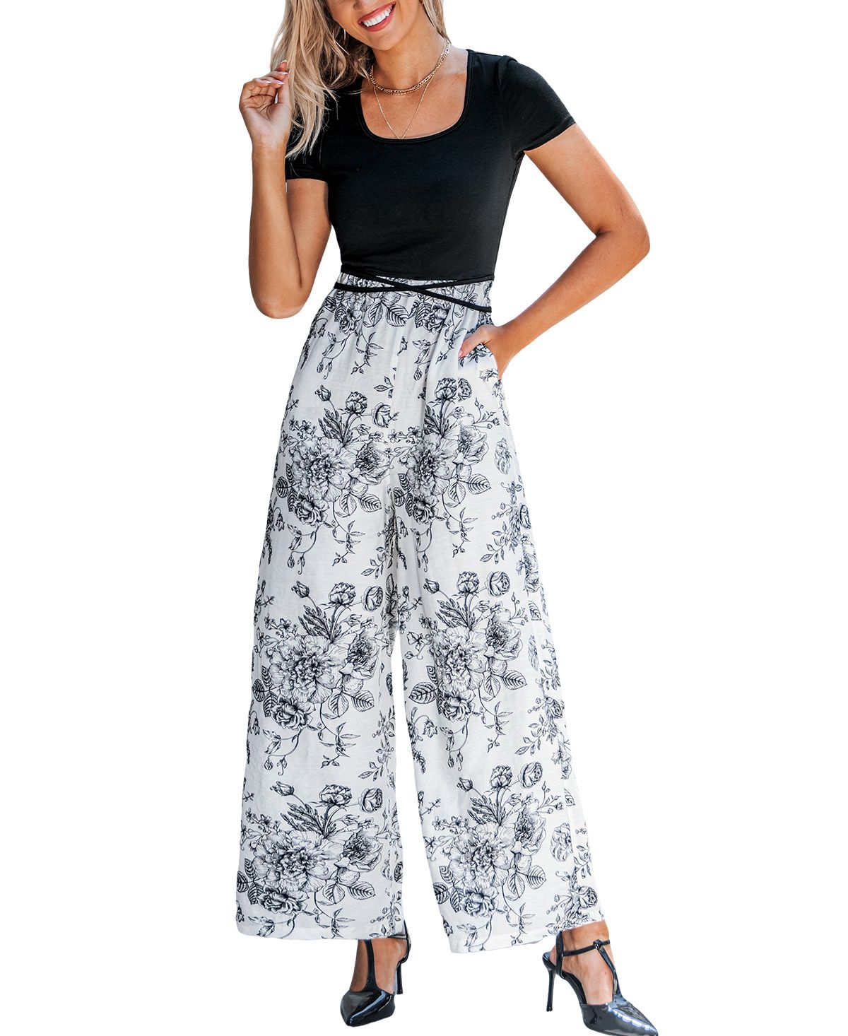 Click here for Cupshe Womens Floral Print Wide Leg Jumpsuit - Bla... prices