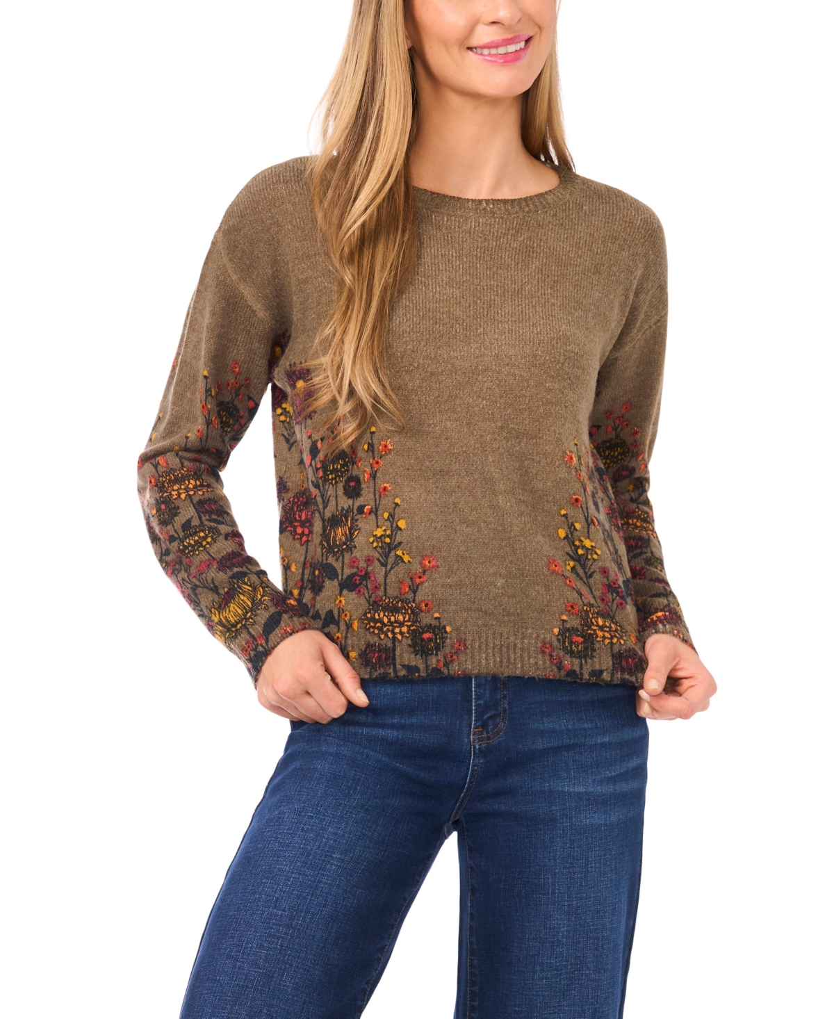 Click here for CeCe Womens Floral Print Crewneck Sweater - Dark O... prices