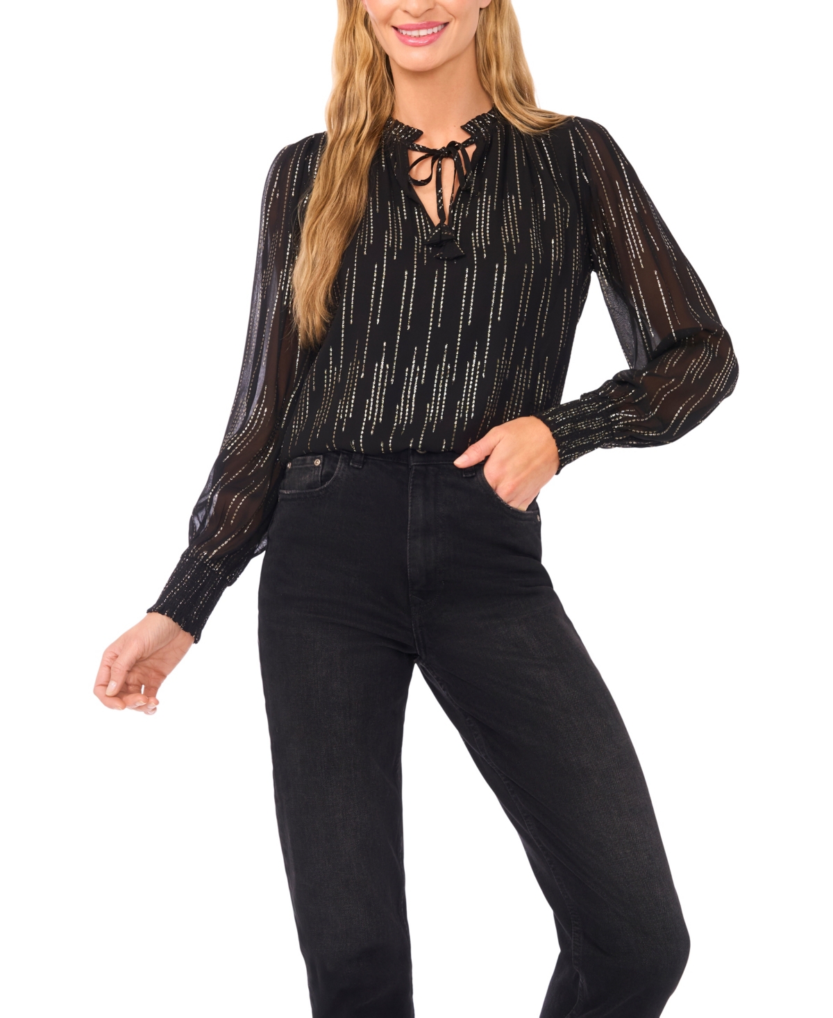Click here for CeCe Womens Smocked Cuff Ruffle Top - Rich Black prices