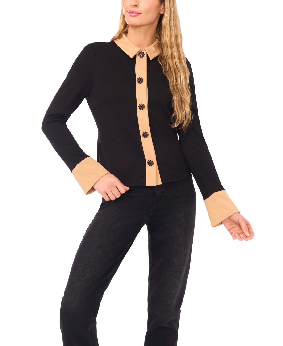 Click here for CeCe Womens Button Down Collared Top - Rich Black prices