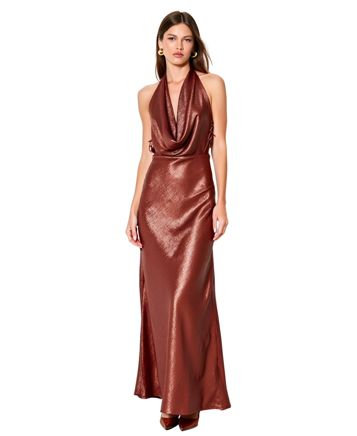 Click here for Modenaire Womens Shimmer Cowl-Neck Halter Lace-Up... prices