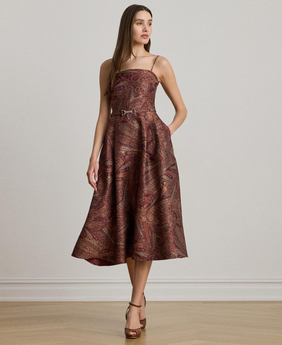 Lauren Ralph Lauren Womens Paisley Belted Cocktail Dress - Cinnamon Multi