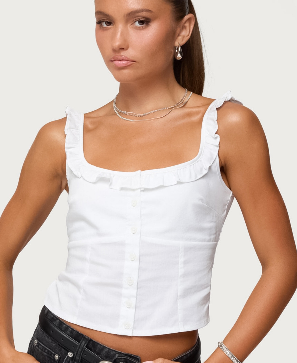 Click here for Edikted Womens Noga Ruffle Woven Button Up Top - W... prices