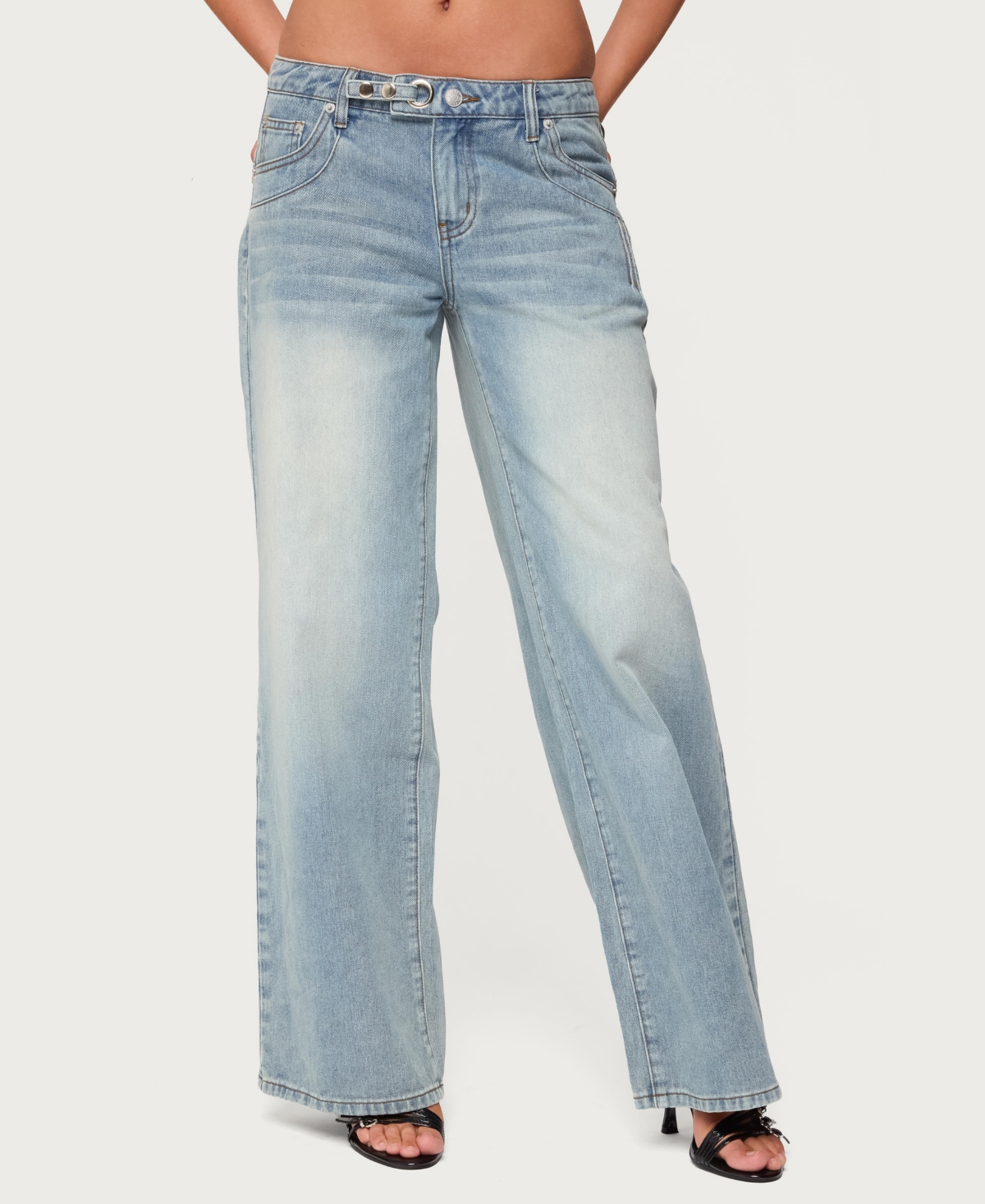 Click here for Edikted Womens Celia Grommet Washed Low Rise Jeans... prices