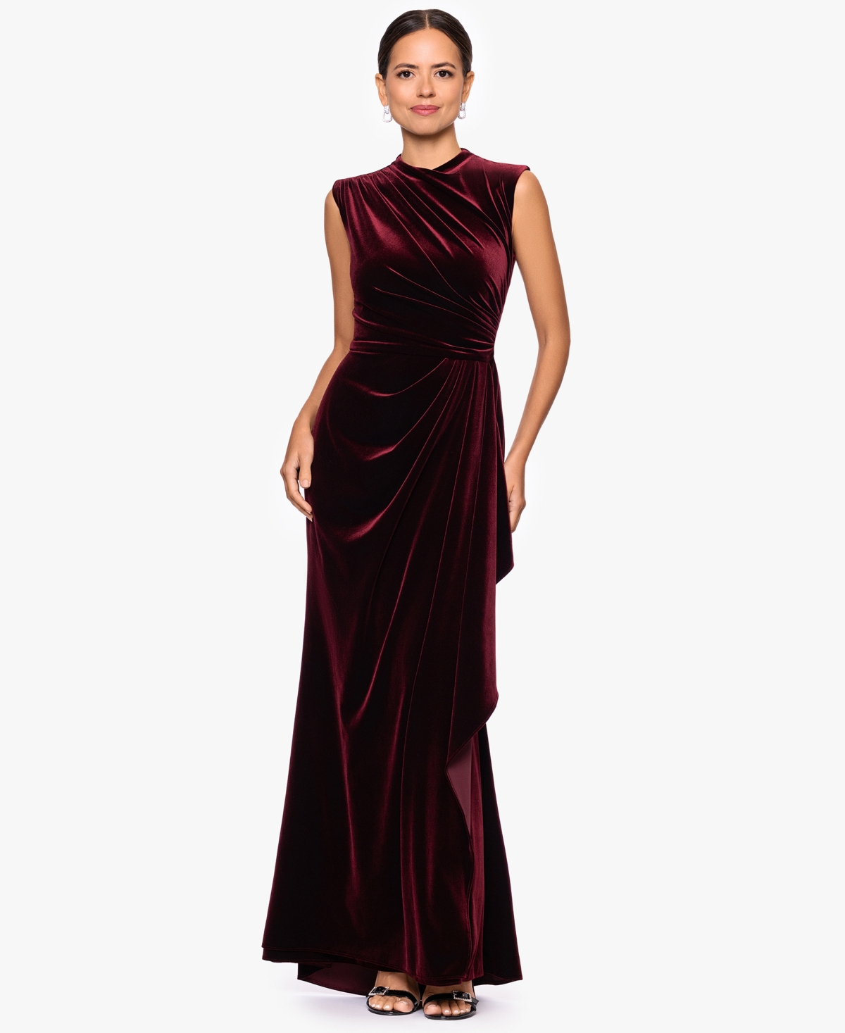 Click here for Betsy & Adam Petite Ruched Sleeveless Dress - Burg... prices