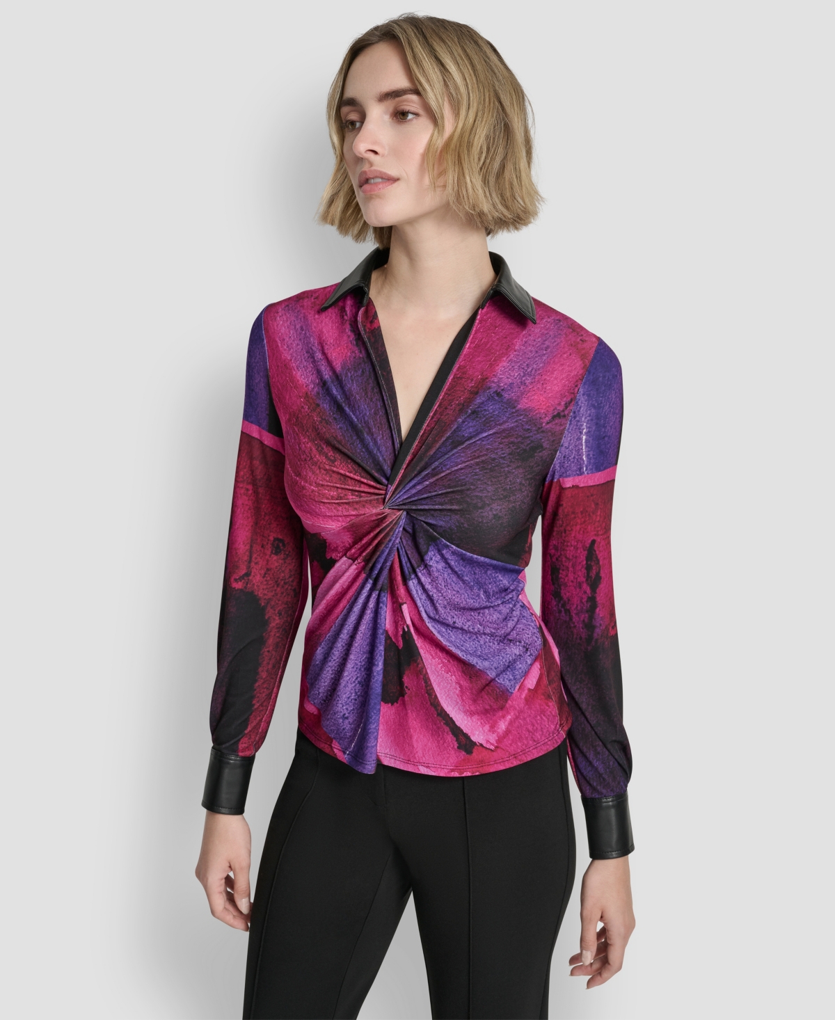 Click here for Dkny Petite Knot Front Long Sleeve Top - Fuchsia/D... prices