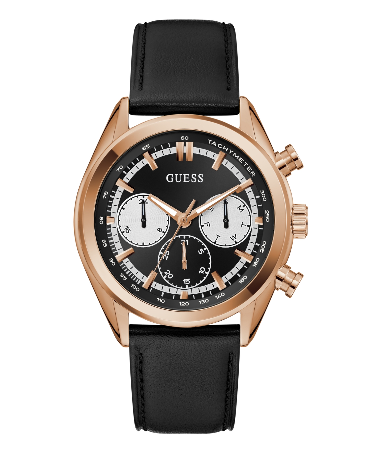 Click here for Guess Mens Rose Gold-Tone Black Leather Multi-Func... prices