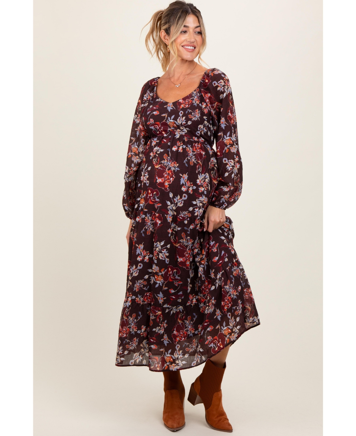 Click here for Pinkblush Maternity Brown Floral V-Neck Bubble Sle... prices