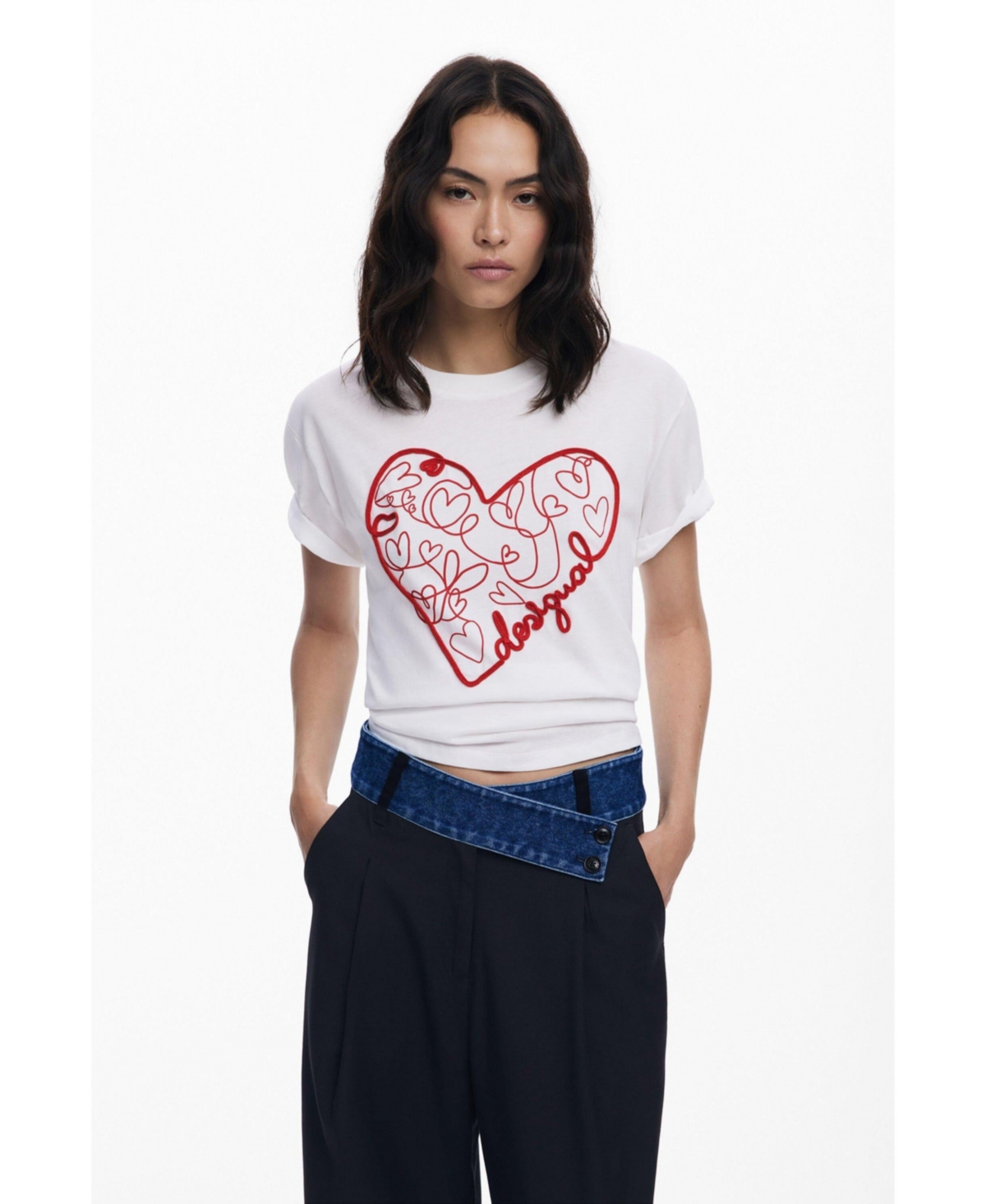 Click here for Desigual Womens T-shirt with embossed hearts - Whi... prices