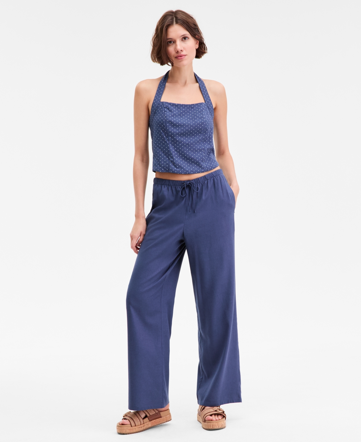 Hippie Rose Juniors Linen-Blend Wide-Leg Tie-Front Drawstring Pants - Dusty Indigo
