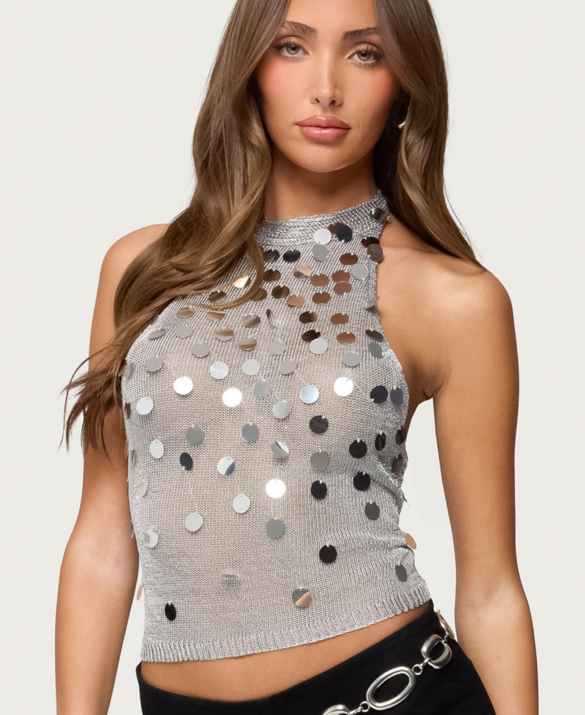 Click here for Edikted Womens Shiny Sequin Backless Halter Top -... prices