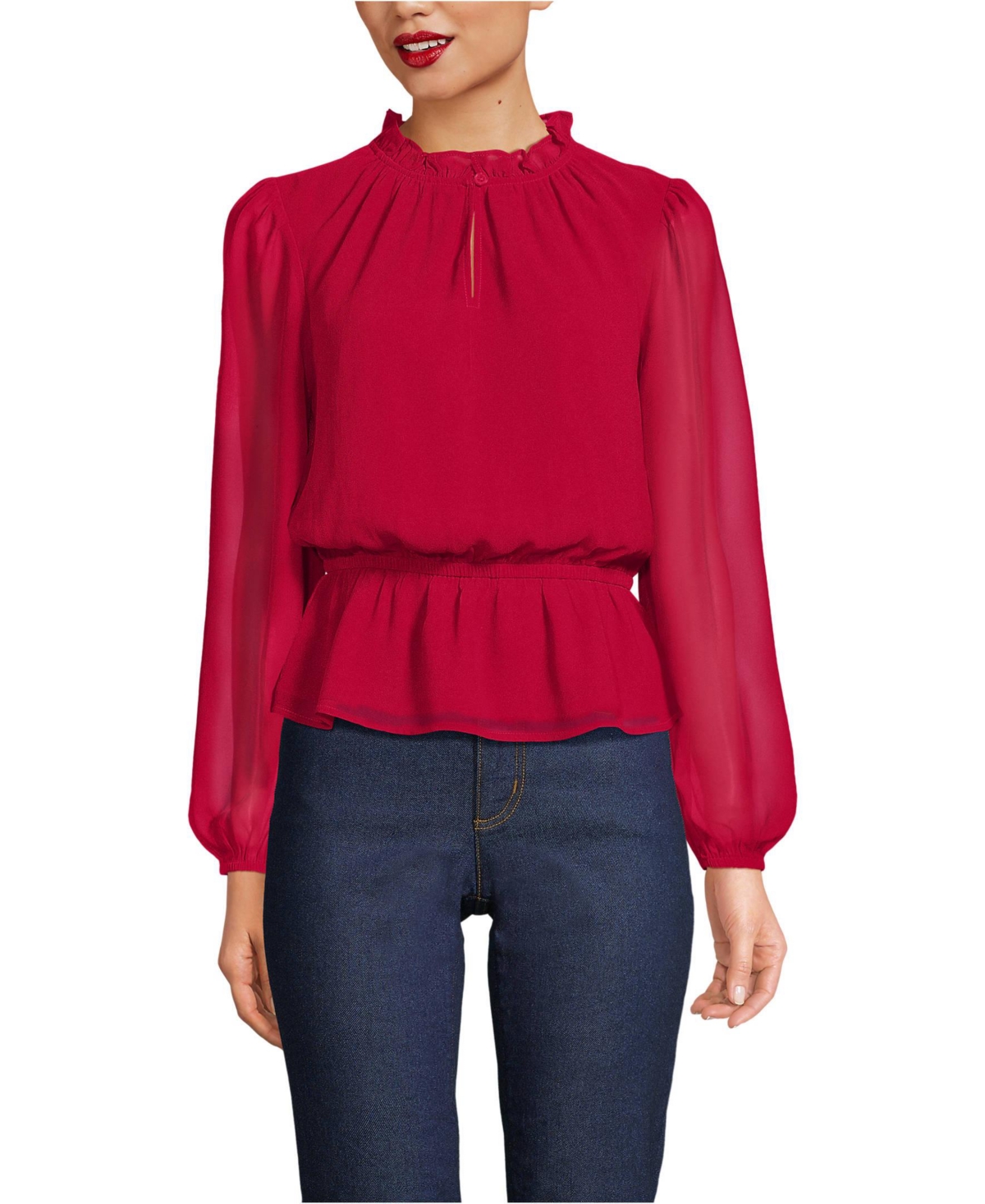Click here for Lands End Womens Chiffon Peplum Top - Rich red prices