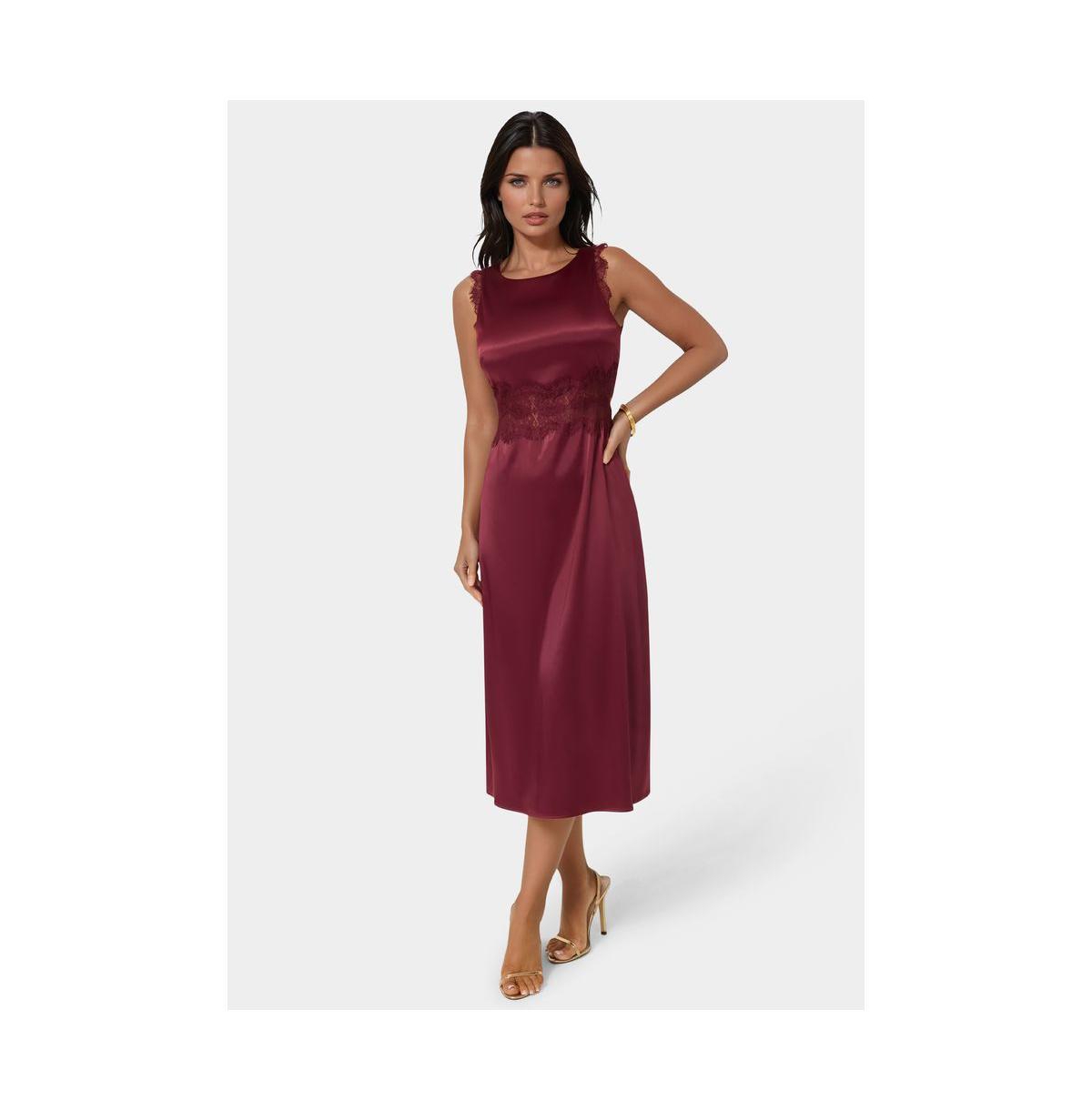 Click here for Bebe Womens Satin Lace Insert Midi Dress - Wine prices