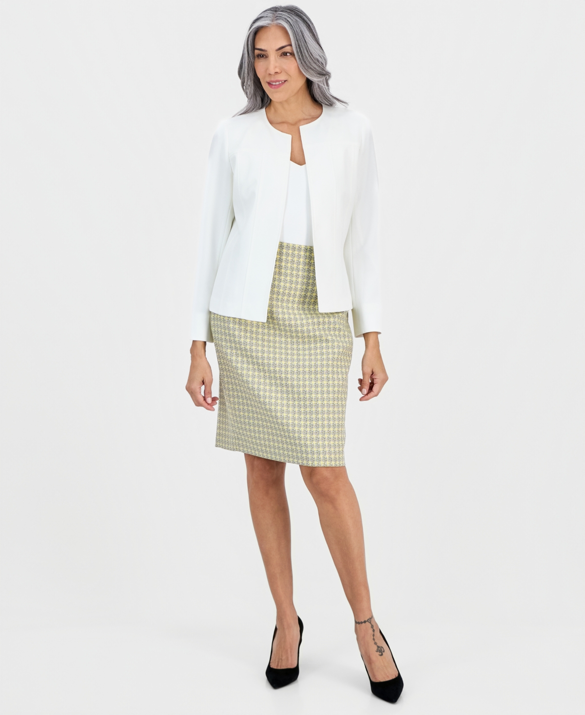 Click here for Kasper Womens Plaid Tweed Zip-Back Pencil Skirt -... prices