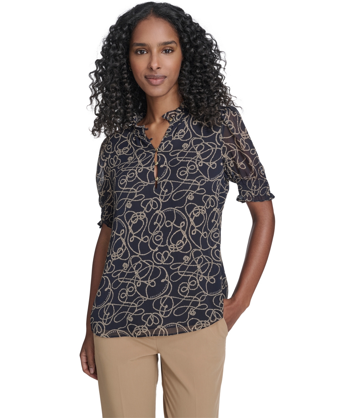 Tommy Hilfiger Womens Rope Print Ruffle Mock Neck Blouse - Midnight/ Irish Cream