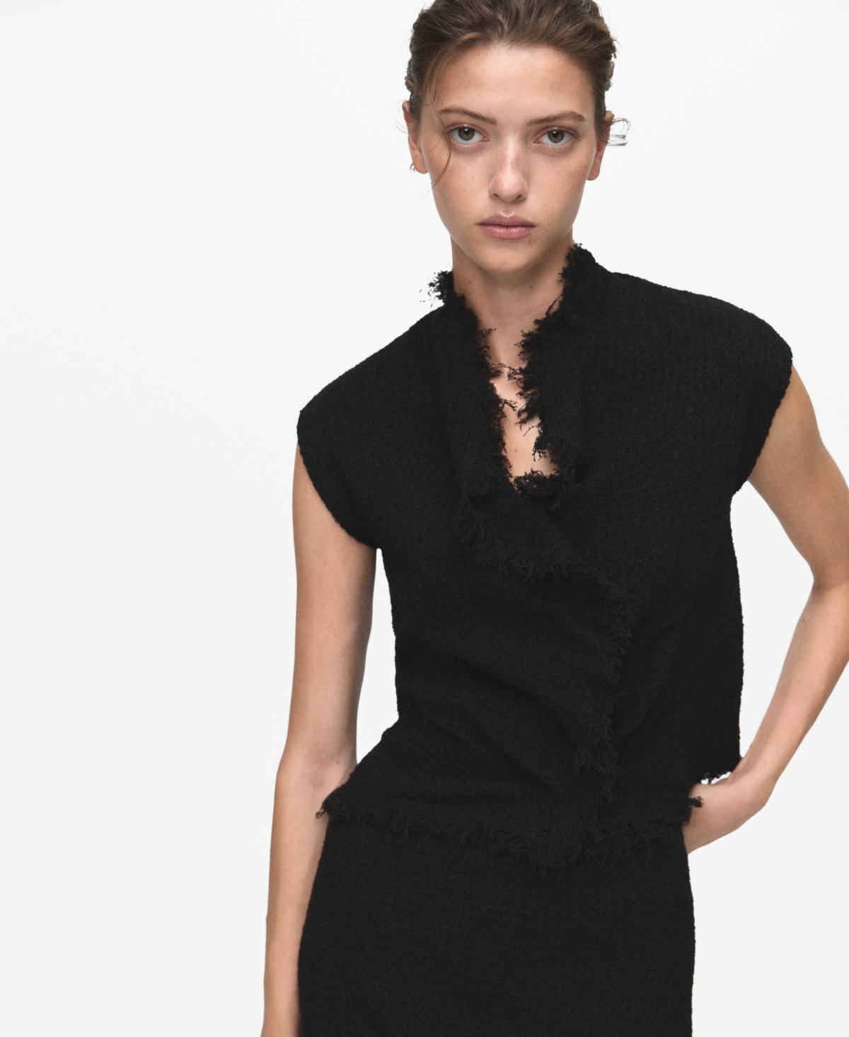 Click here for Mango Womens Frayed Trim Crossover Top - Black prices