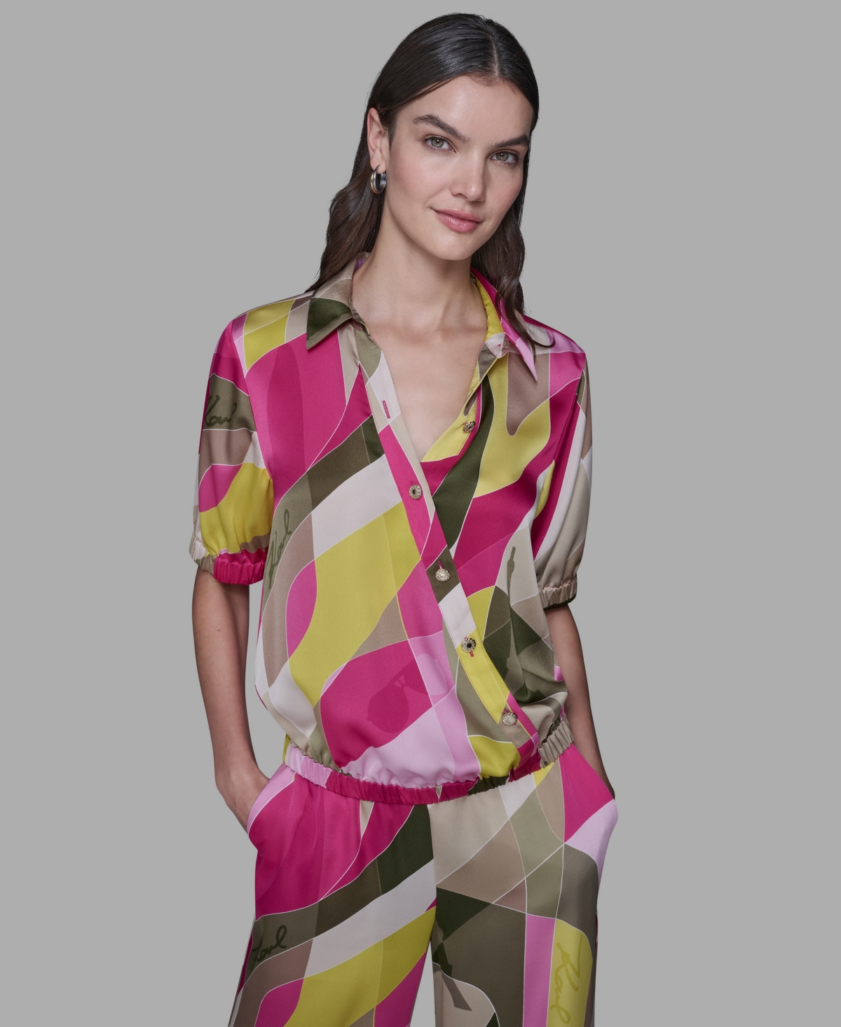 Click here for Karl Lagerfeld Paris Womens Printed V-Neck Top - R... prices