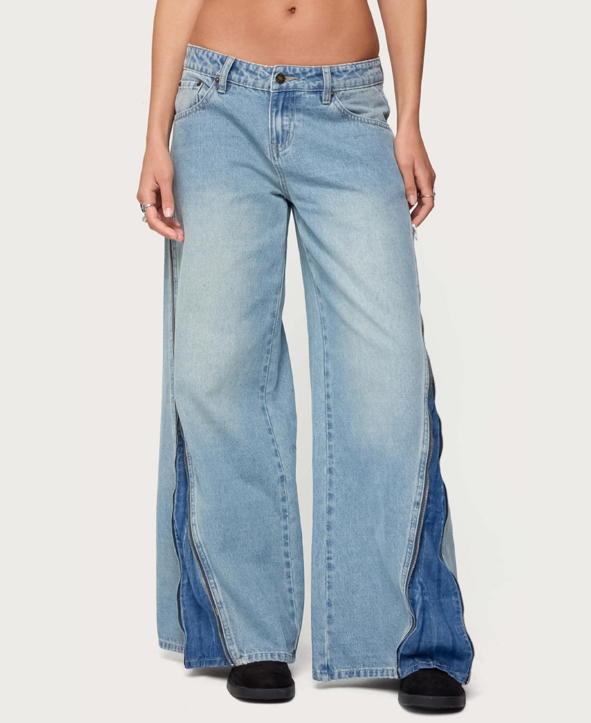 Click here for Edikted Womens Zippered Washed Wide Leg Jeans - Bl... prices