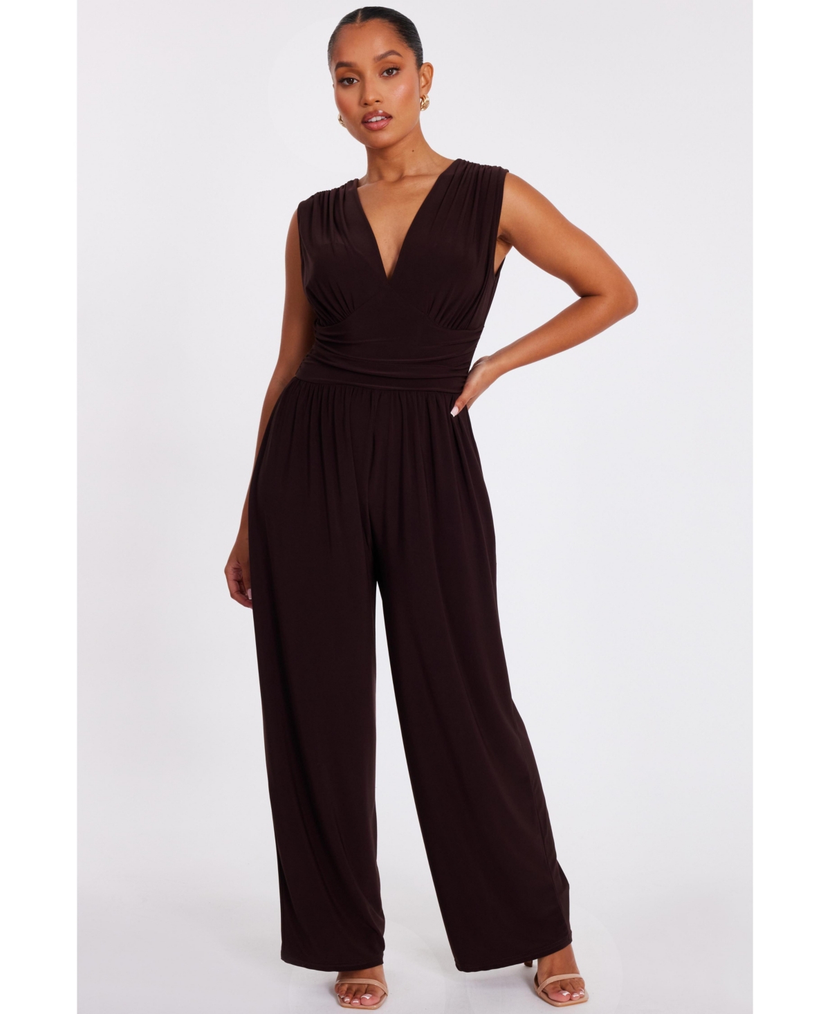 Click here for Quiz Womens Ity V-Neck Ruched Detail Jumpsuit - Br... prices