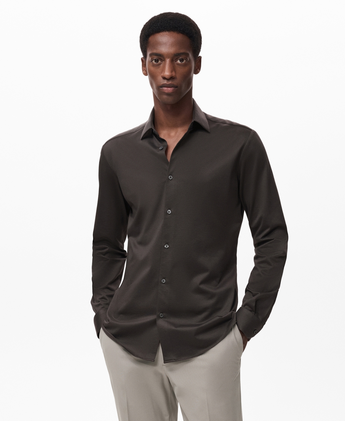 Click here for Mango Mens Comfort Stretch Non-Iron Shirt - Brown prices