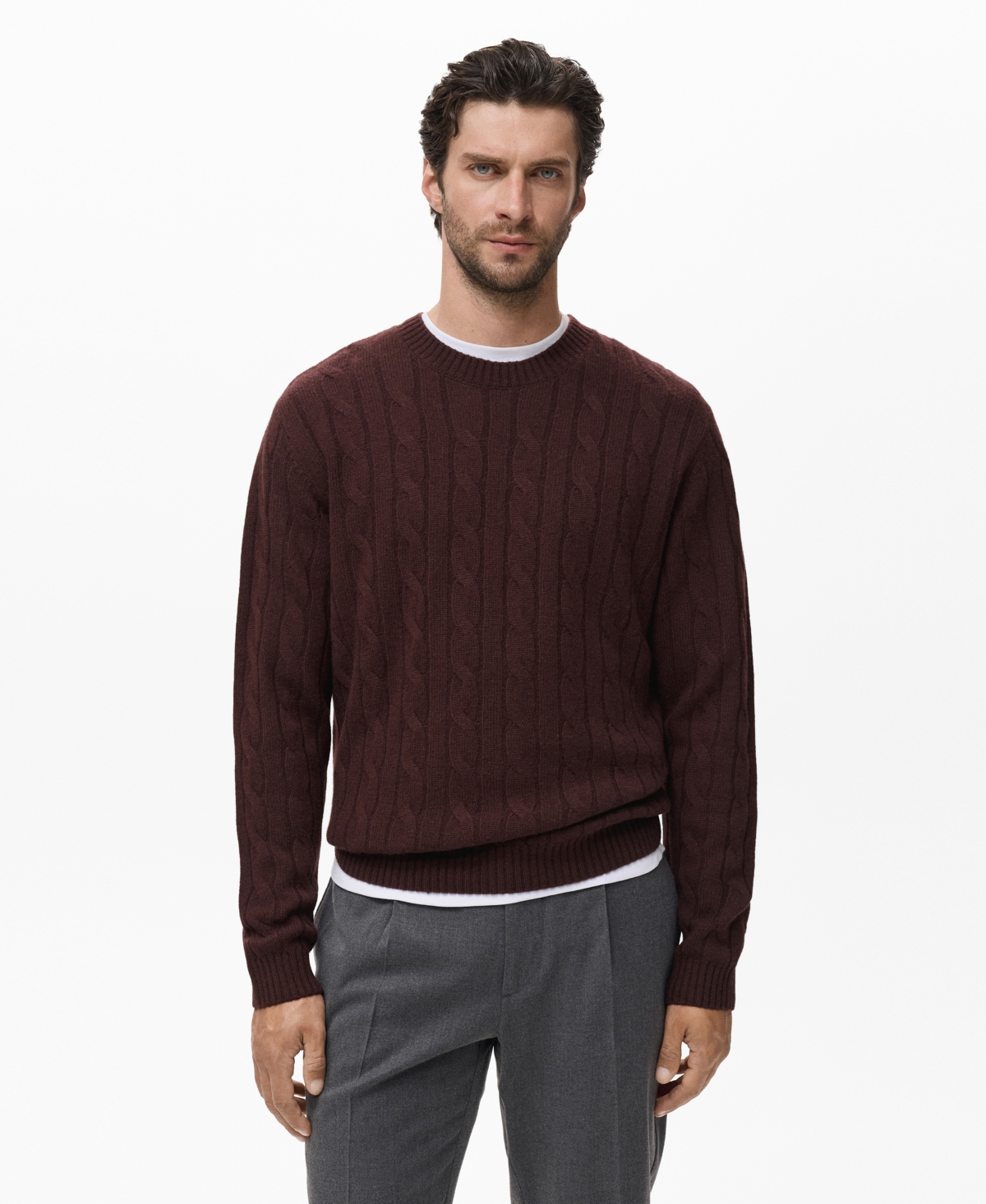 Click here for Mango Mens Wool Braided Sweater - Wine prices