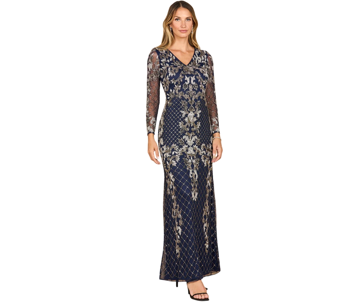 Click here for Lara Womens Long Sleeve Contrast Beaded Gown - Nav... prices