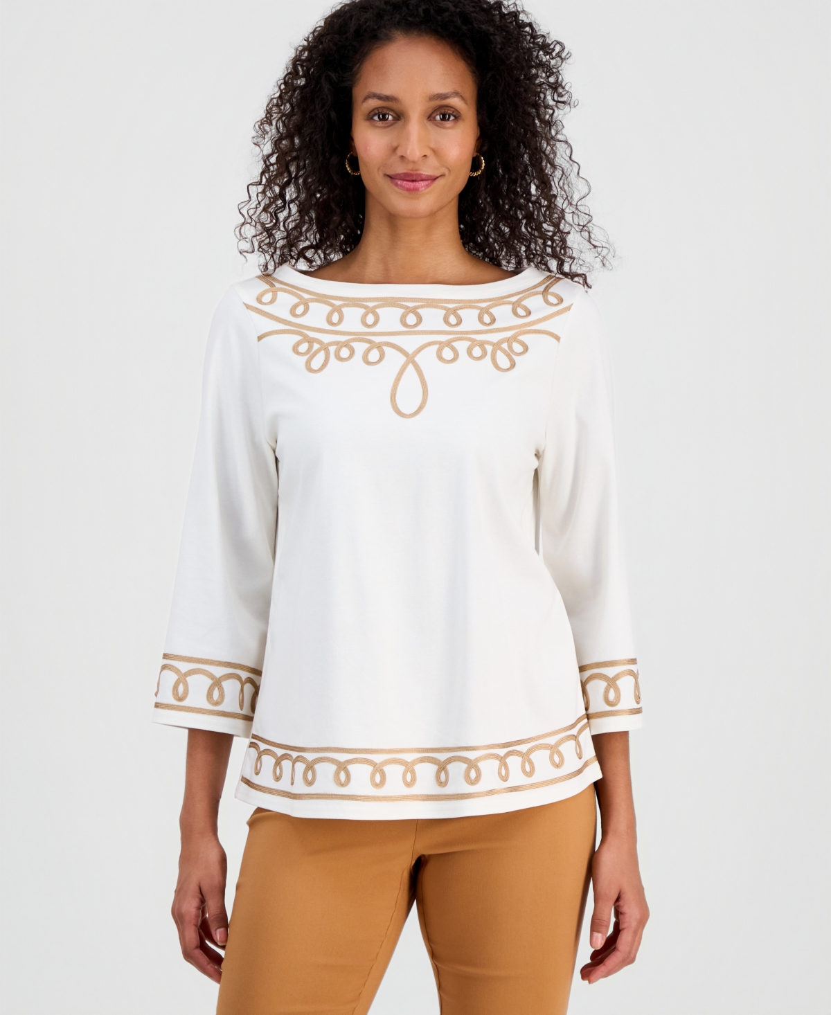 Click here for Jm Collection Womens Cotton Soutache 3/4-Sleeve To... prices
