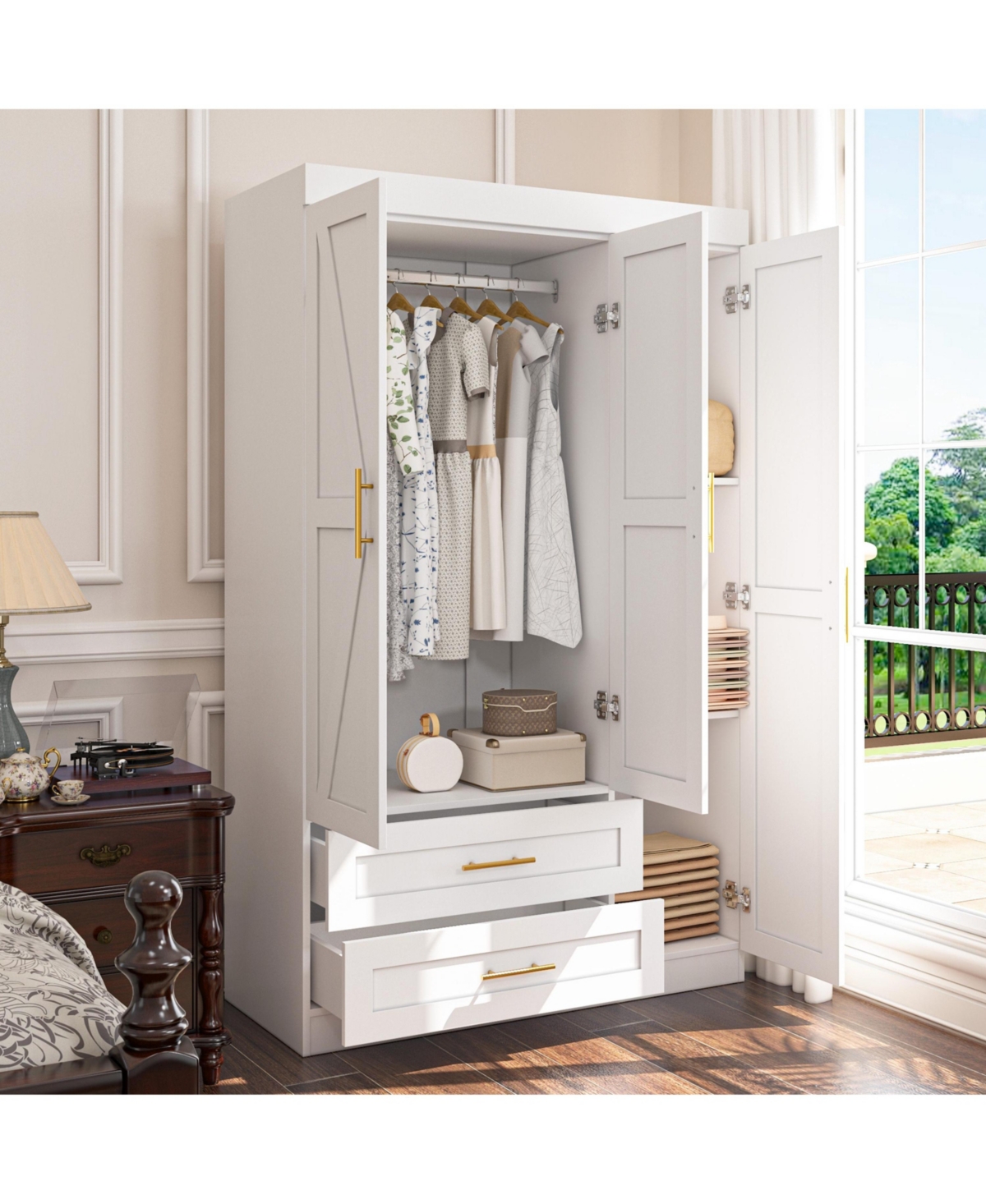 Click here for Lovmor Freestanding Wood Hanging Rod & Shelves Bed... prices