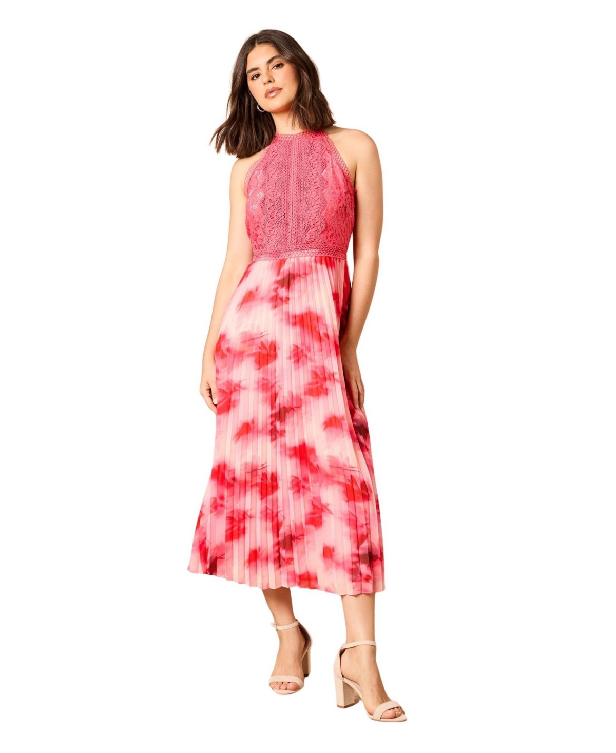 Click here for Oasis Womens Printed Lace Mix Halterneck Midi Dres... prices