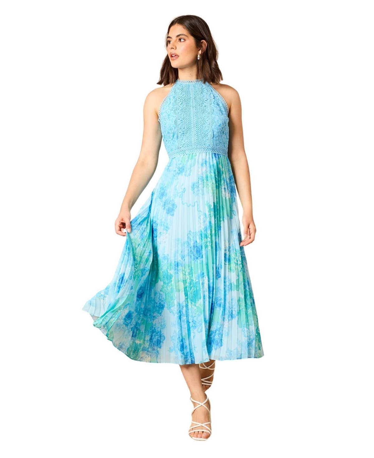 Click here for Oasis Womens Printed Lace Mix Halterneck Midi Dres... prices