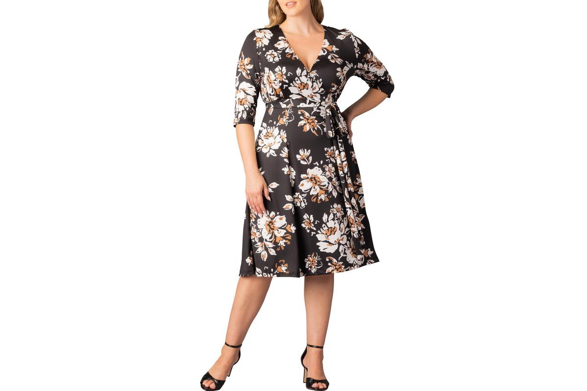 Click here for Kiyonna Plus Size Signature Print Wrap Dress - Bla... prices