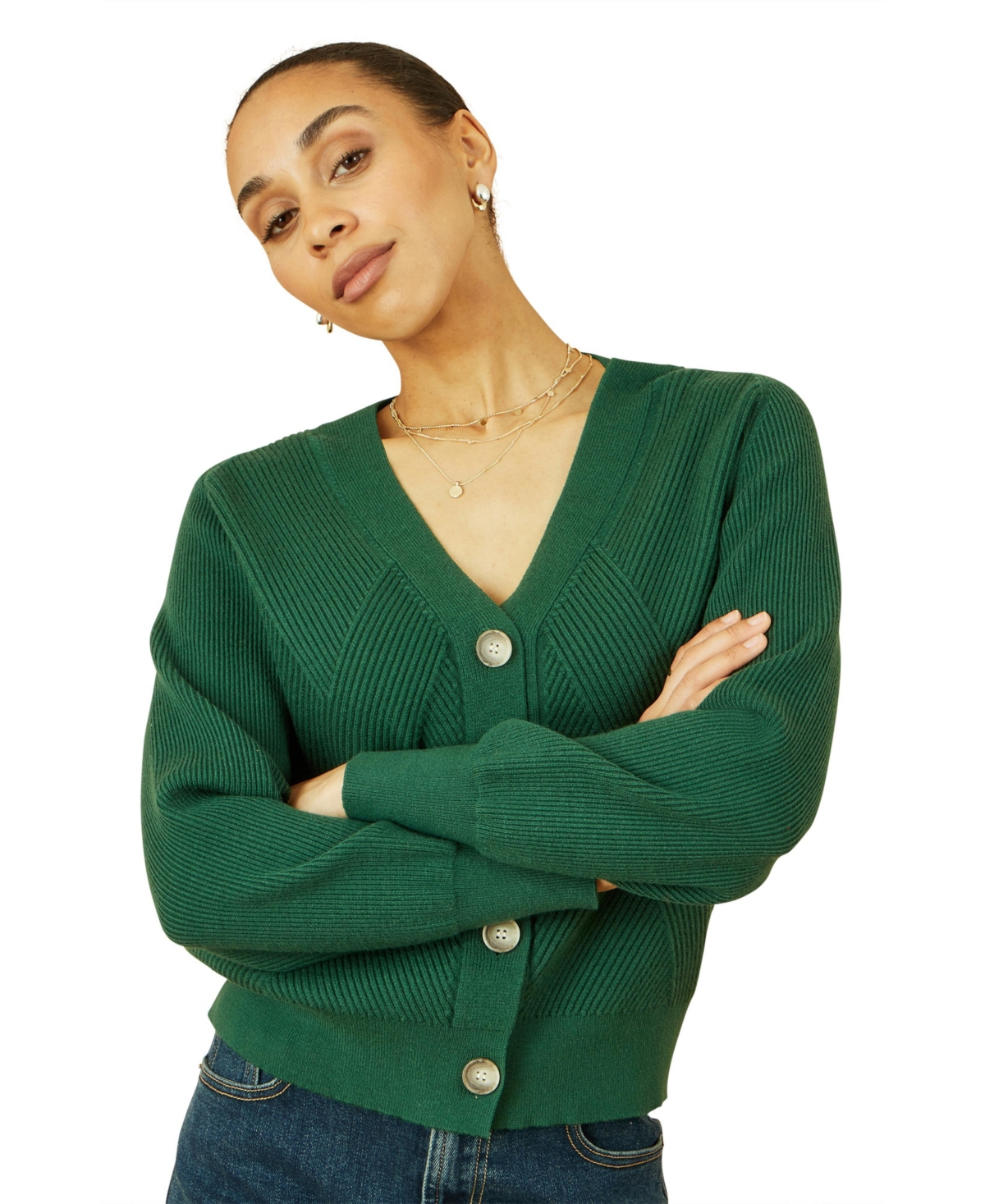 Click here for Yumi Womens Knitted Stitch Detail Cardigan - Green prices