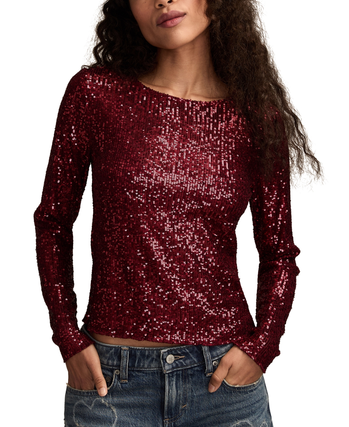 Click here for Lucky Brand Womens Sequin Long-Sleeve Top - Red Wi... prices