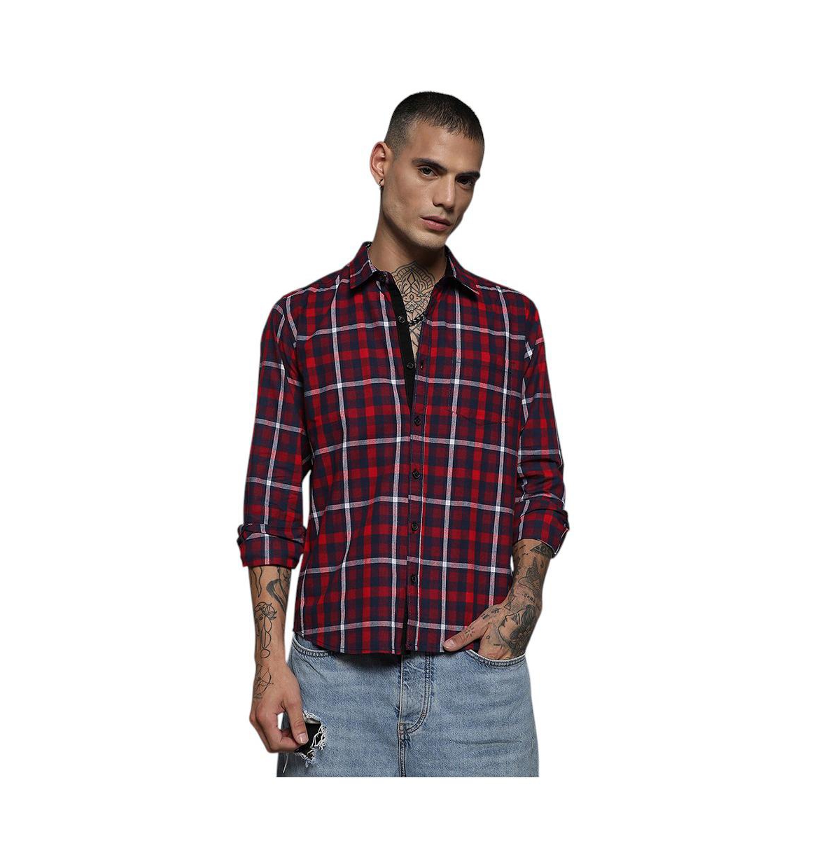 Click here for Campus Sutra Mens Navy Blue & Red Tartan Plaid Shi... prices