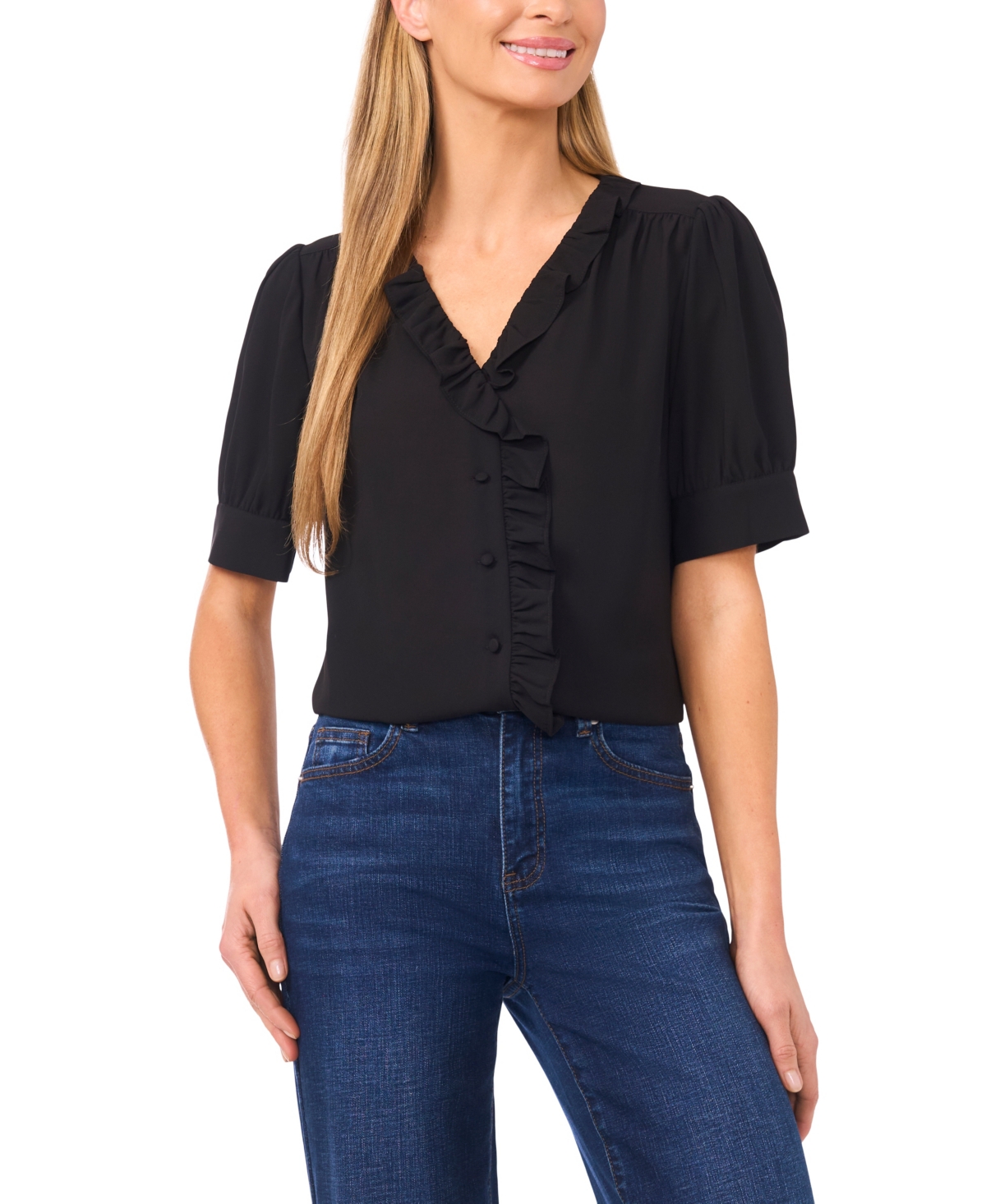 Click here for CeCe Womens Puff Short-Sleeve Button Down Ruffle T... prices