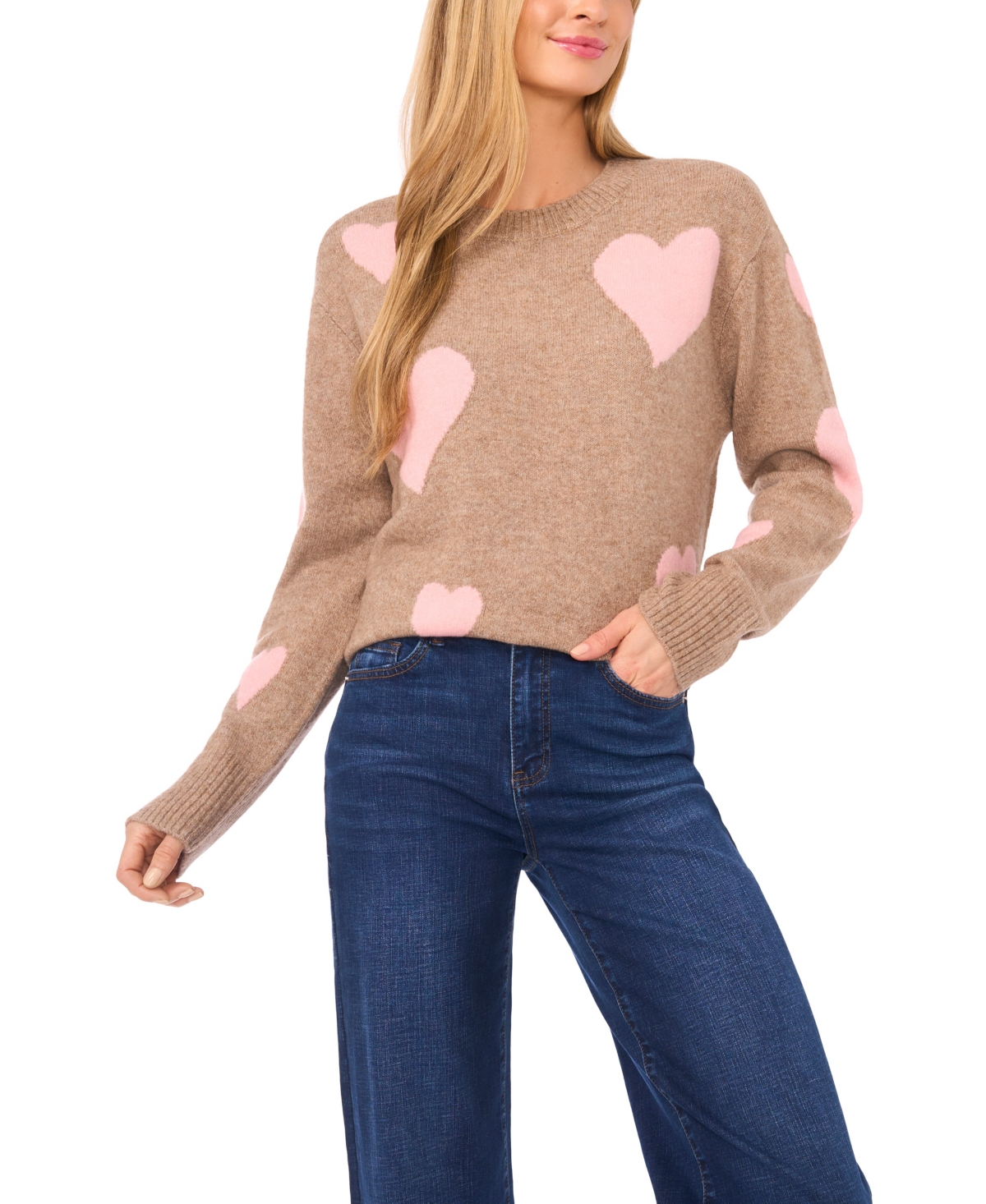 Click here for CeCe Womens Heart Jacquard Crewneck Sweater - Taup... prices